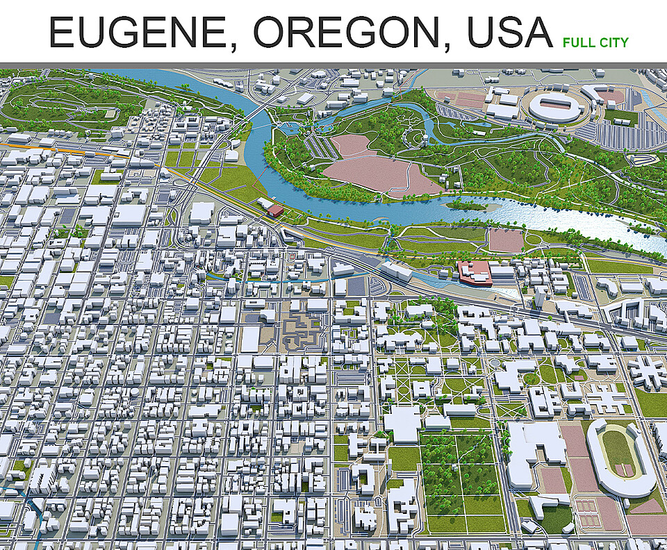 Eugene city Oregon 3d model 70km