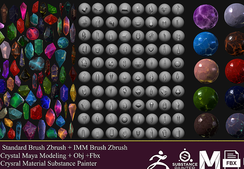 80 Brush Zbrush+Maya Model/10 Material Crystal