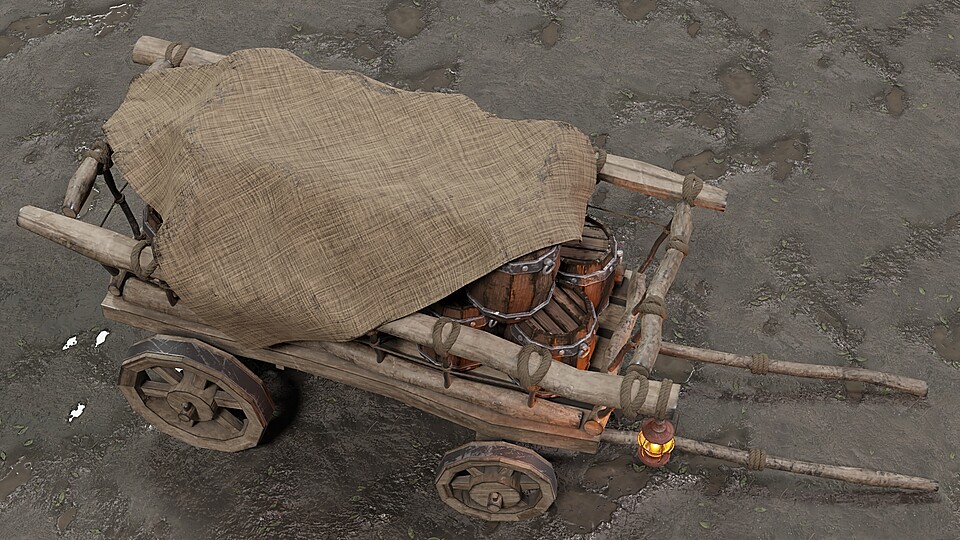 A stylized medieval cart with a lamp and barrels