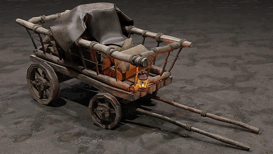 Stylized medieval cart with a lamp and a load
