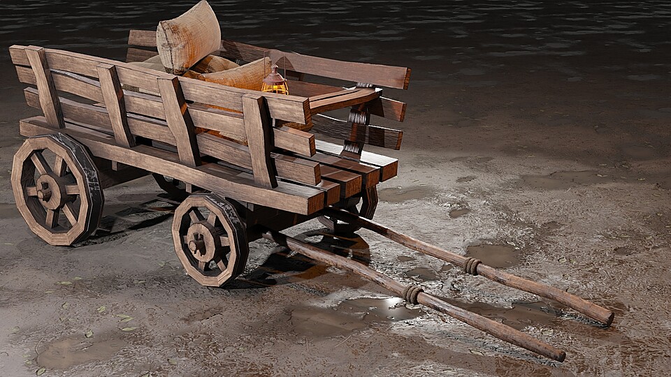 Stylized medieval cart with a lamp and bags