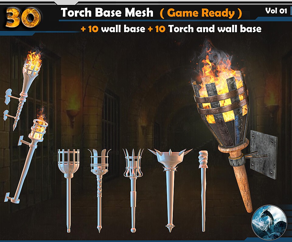 30 Torch Base Mesh (Game Ready) + 10 wall base+...