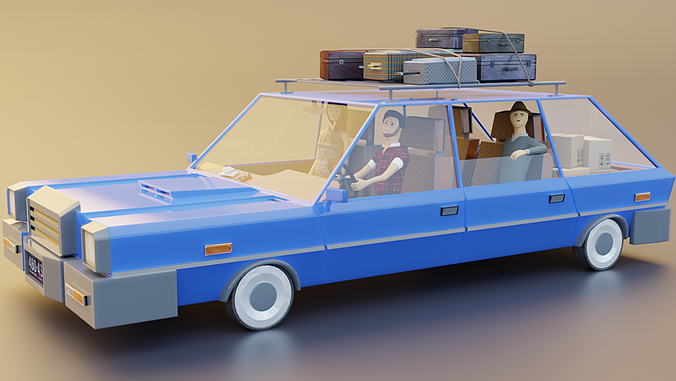 Low Poly cartoon car with 3 rigged characters