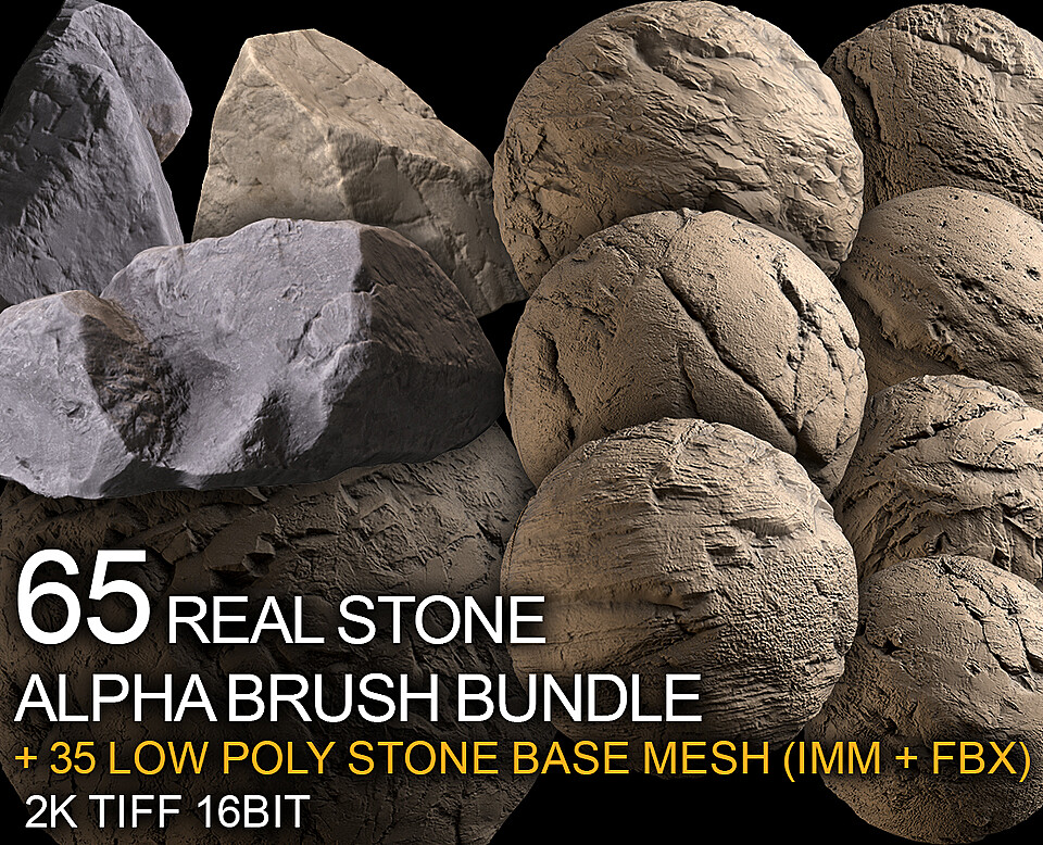 65 real stone alpha brush bundle + basemesh IMM