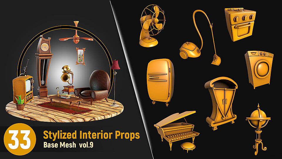 33 Stylized Interior Props Base Mesh Vol.9