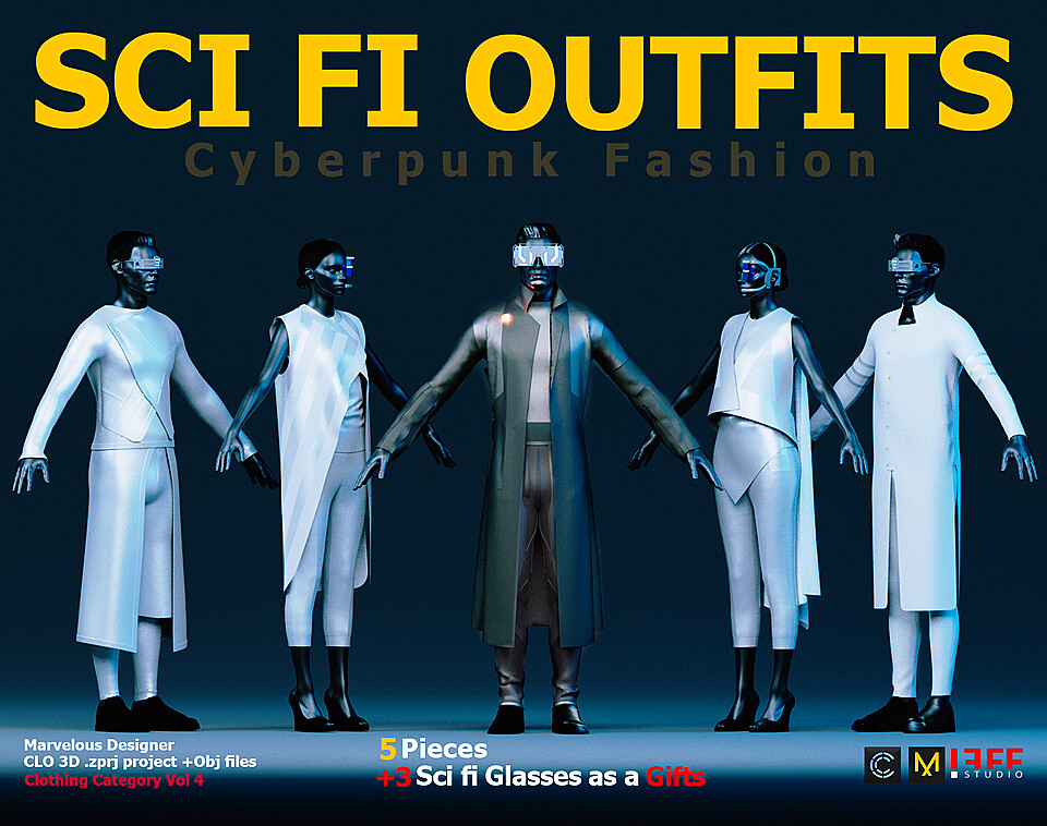 5 SCI-FI CYBERPUNK OUTFITS + 3 SCIFI GLASSES