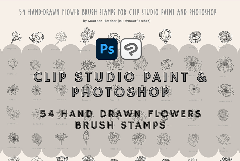 54 Hand-Drawn Flowers Brush Stamps ( CSP & PSD)