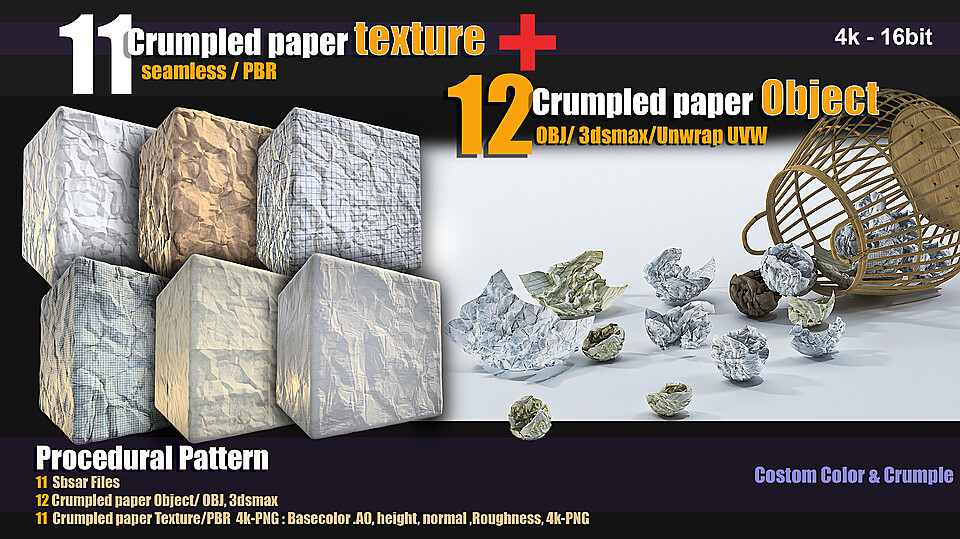 11 crumpled paper texture & 3d model