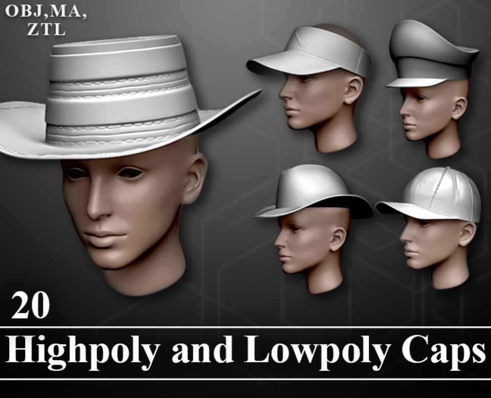 20 Highpoly and Lowpoly caps