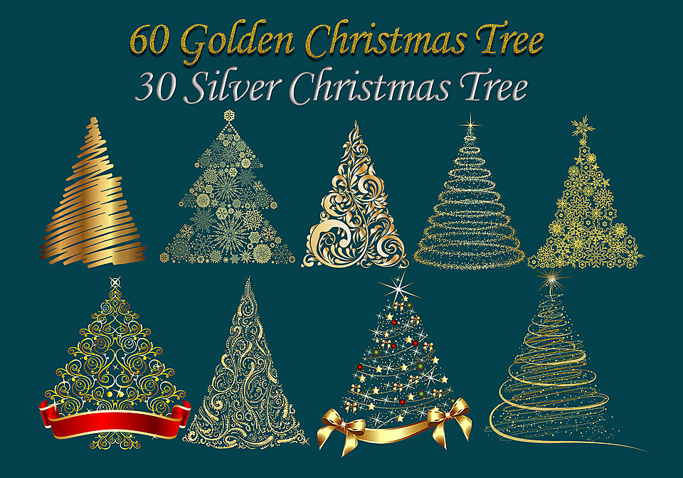 90 Golden & Silver Christmas Tree Clipart