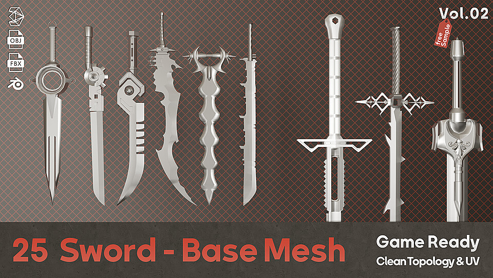 25 Sword Base Mesh - Vol 02 ( Game Ready )