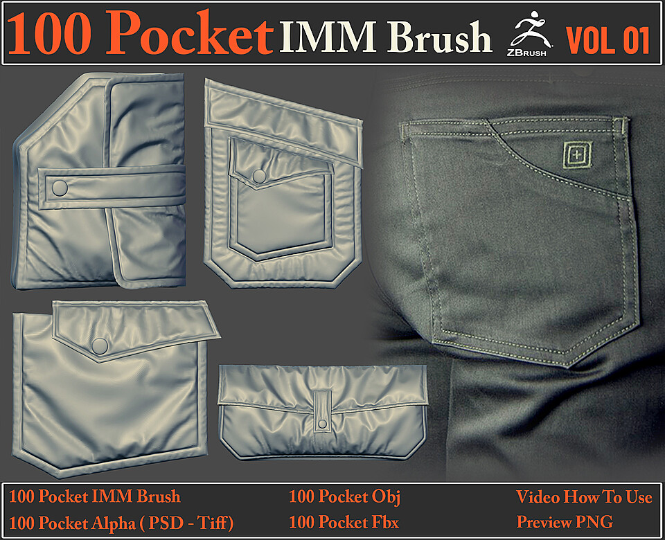 100 Pocket IMM Brush + 100 FBX , OBJ Files