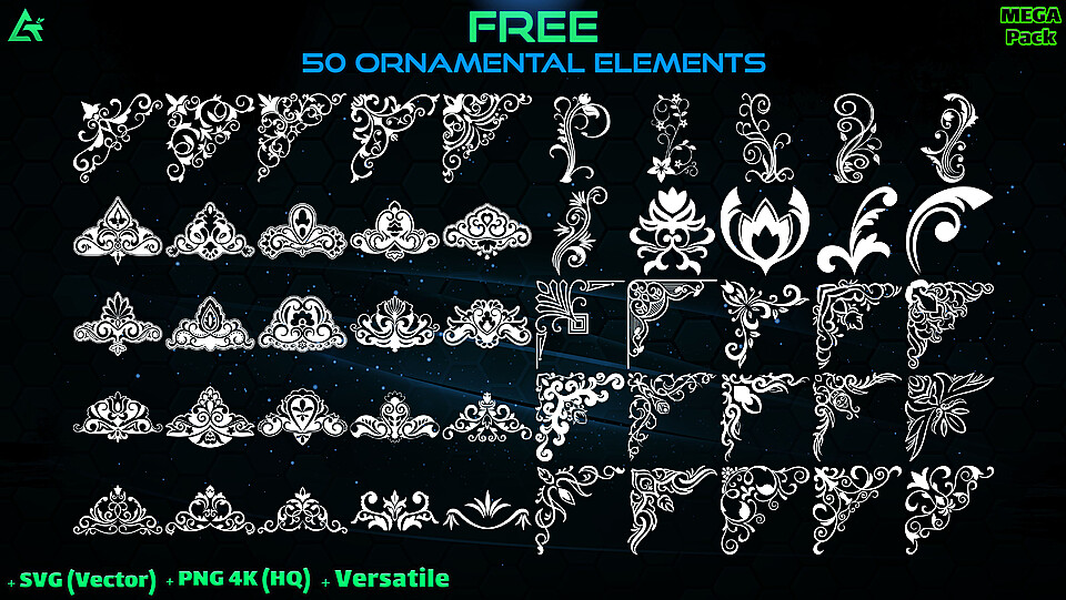50 FREE Hand Painted Alpha Ornamental Elements