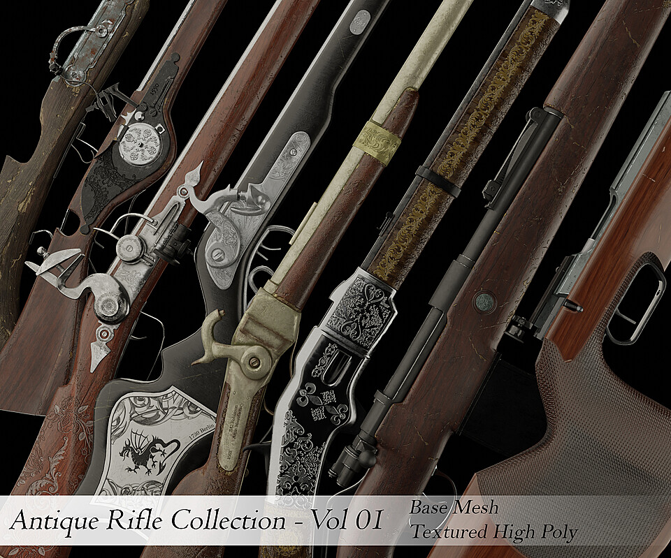 Antique Rifle Collection Basemesh & high poly