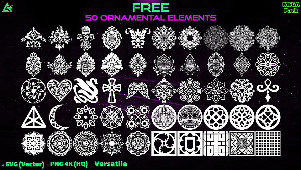 50 FREE Hand Painted Alpha Ornamental Elements