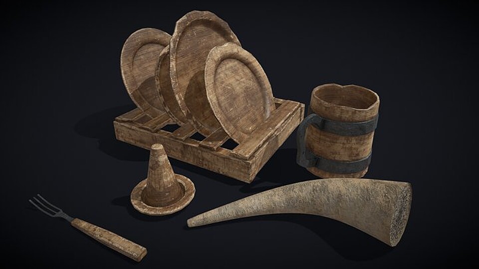 Wooden Medieval Dish Washing Set Low-poly 3D model