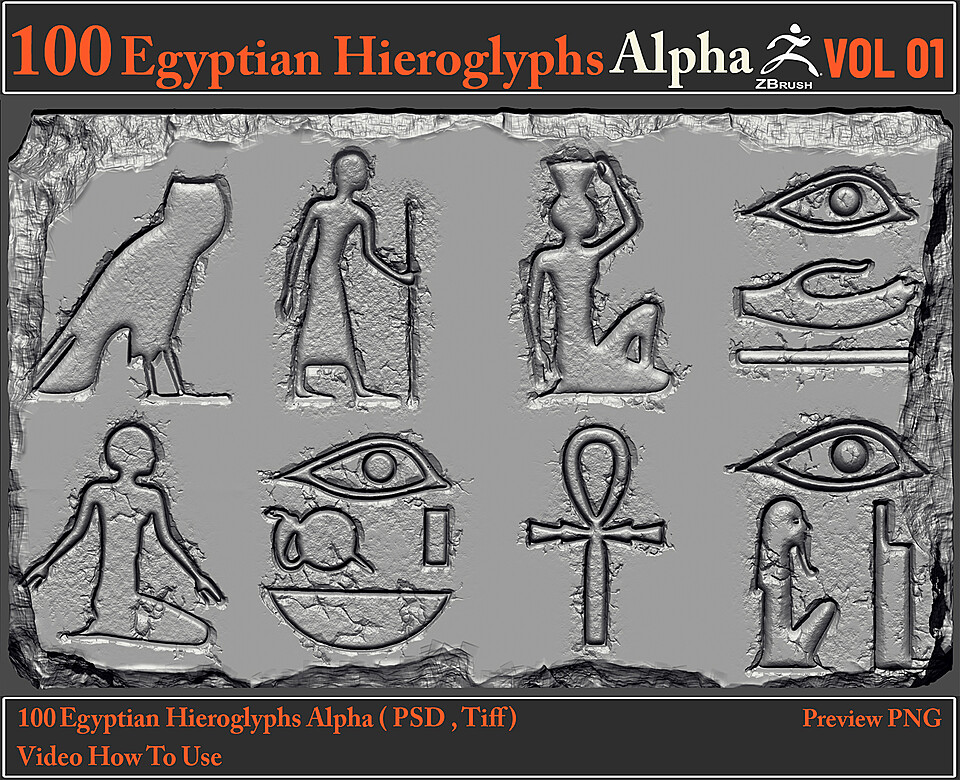 100 Egyptian Hieroglyphs Alpha Maps 3D model