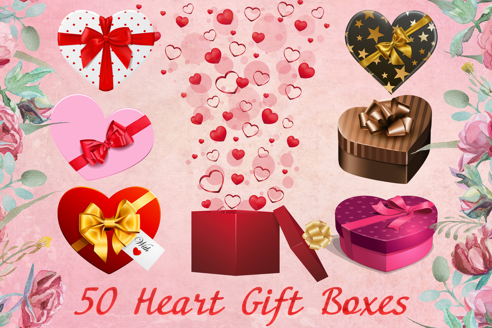 50 Heart Gift Boxes Clip Art, Valentines Day