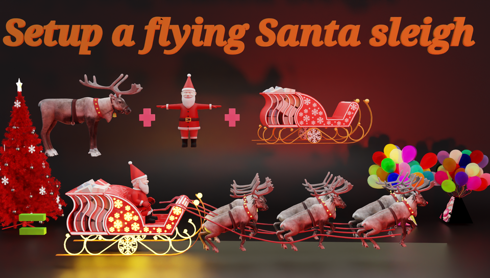 Santa-Reindeer-Sleigh rigged/animated
