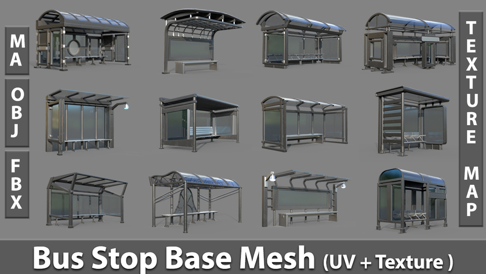 12 Bus Stop Base Mesh with UVs and Textures Vol 1