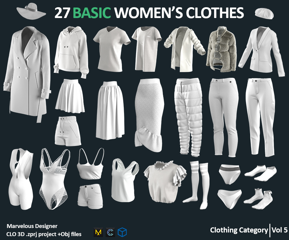 27 BASIC WOMEN'S CLOTHES / MD CLO3D + ZPRJ + OBJ