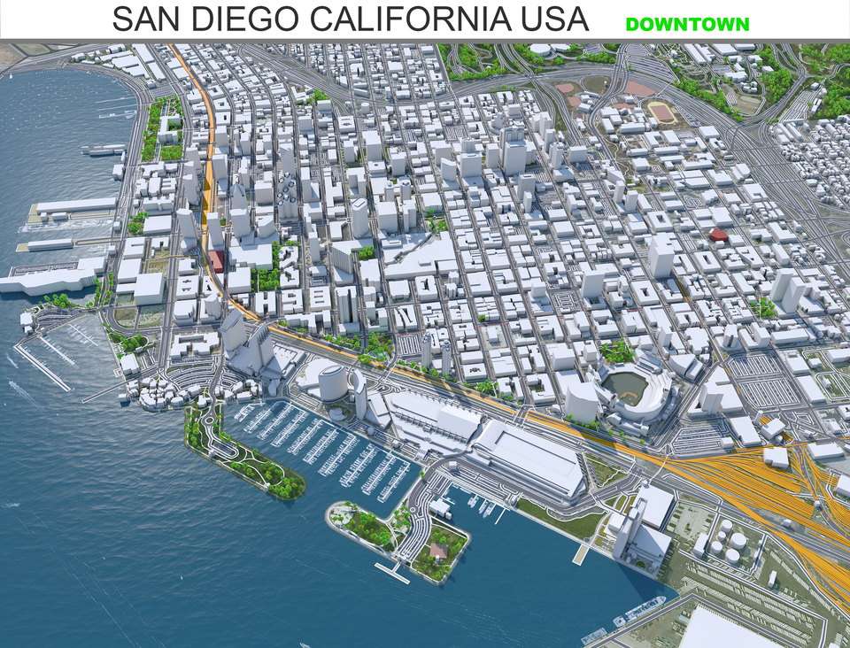 San Diego Downtown City California 3D Model 8km