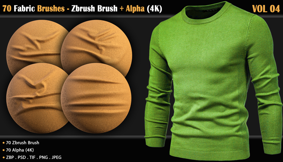 70 Fabric Brushes - Zbrush Brush + Alpha (4K)