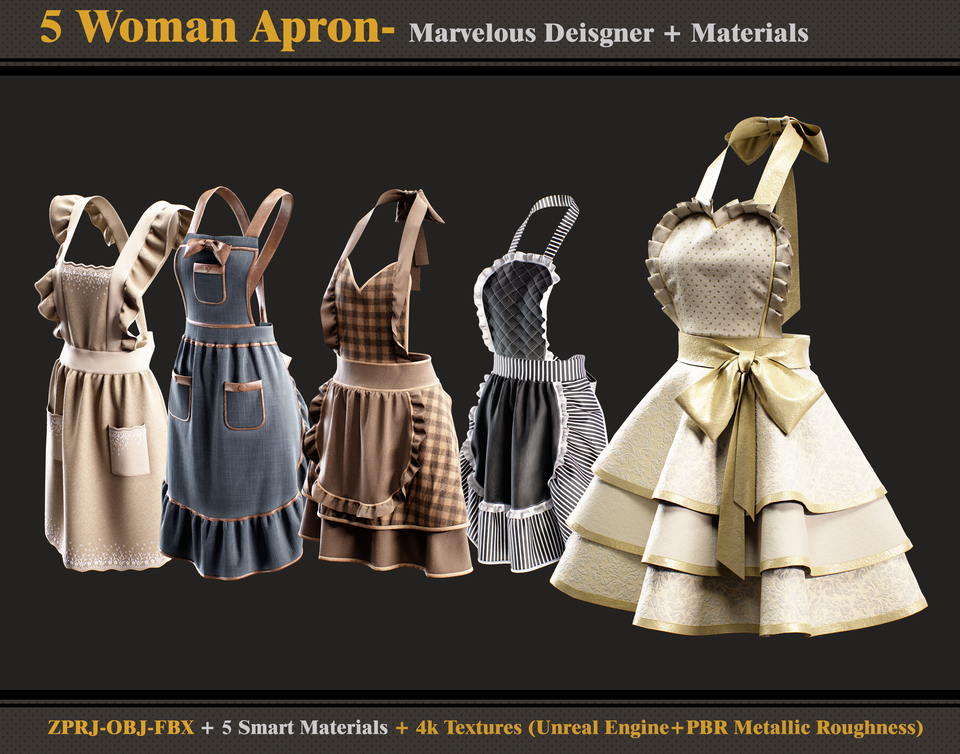 5 Woman Aprons /Models + Materials