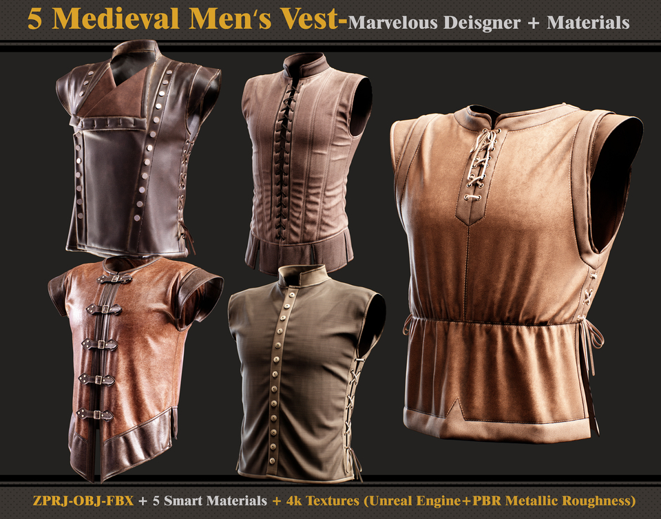 5 Medieval Men's Vests/Models+Materials