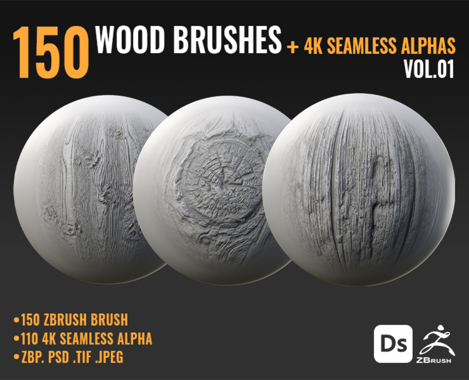 150 WOOD BRUSHES + 4K SEAMLESS ALPHAS - VOL 01