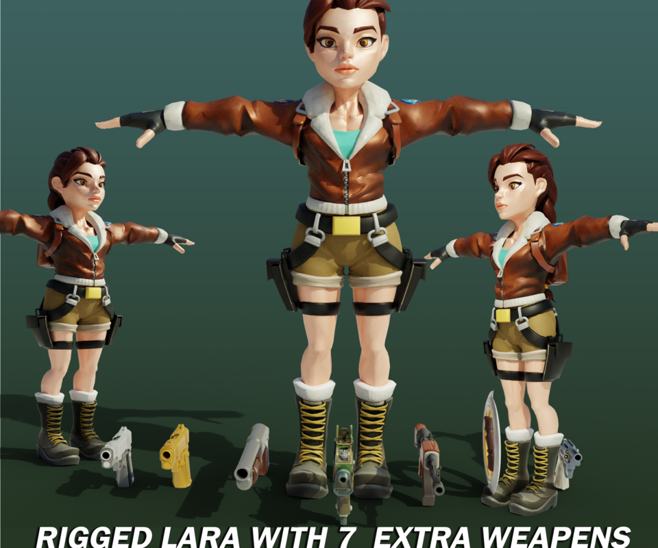 Lara fully Rigged extra 7 Weapons
