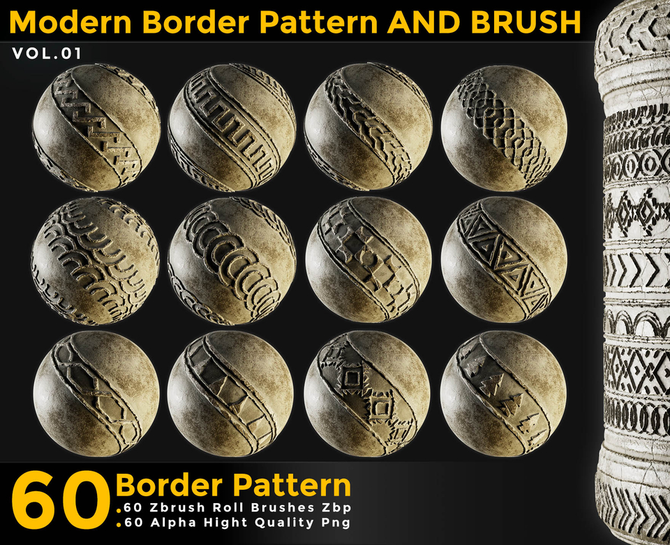 60 Modern Border Pattern ZBrush Roll Brush Zbp