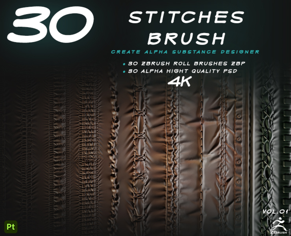 30 Seam & Zbrush Stitch Brushes & Alpha