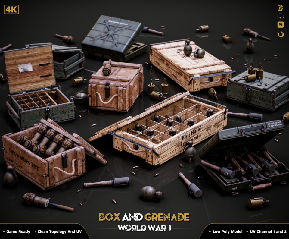 Military Box & Grenade ww1 (Game Ready)