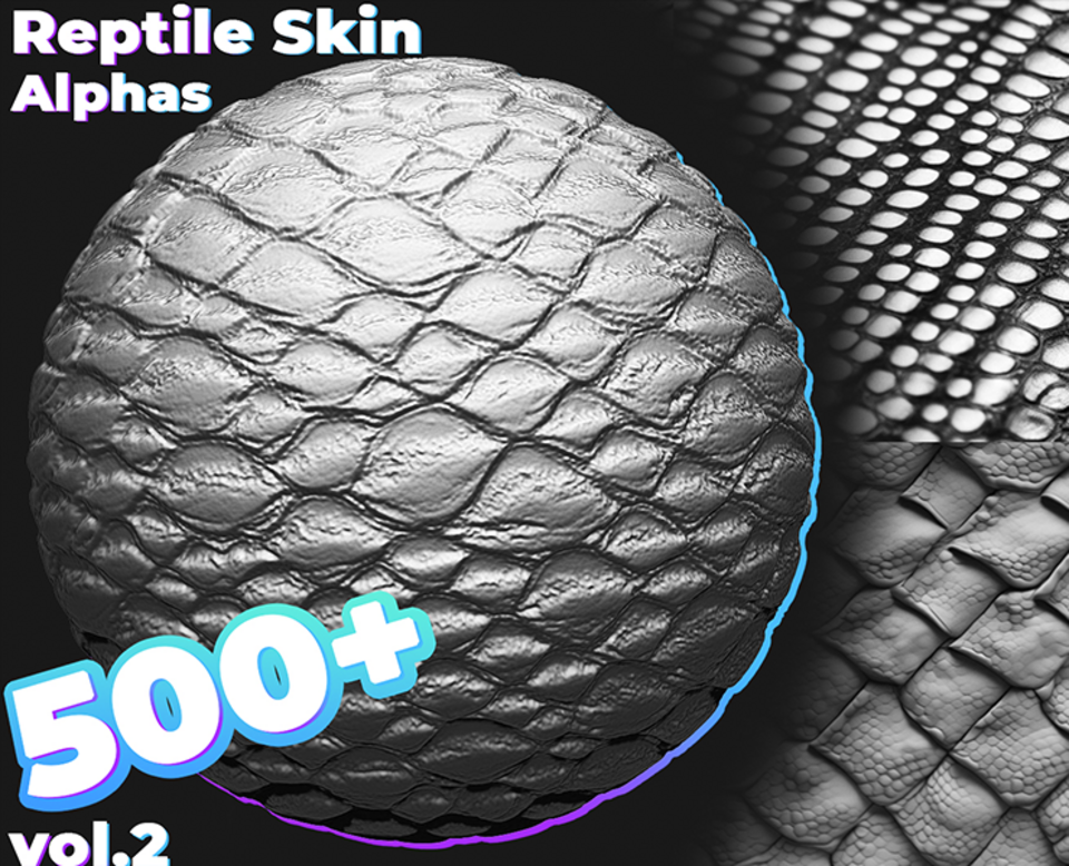 500+ Reptile, Dragon Alphas for ZBrush vol.2