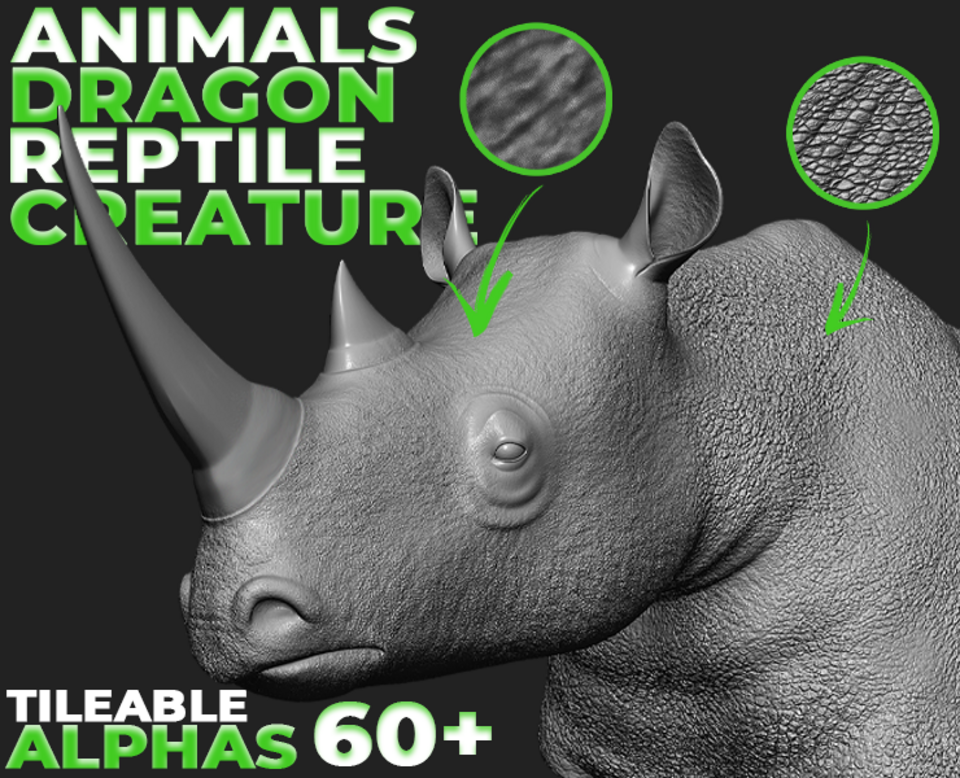 60+ Animals, Dragon, Reptile Alphas for ZBrush
