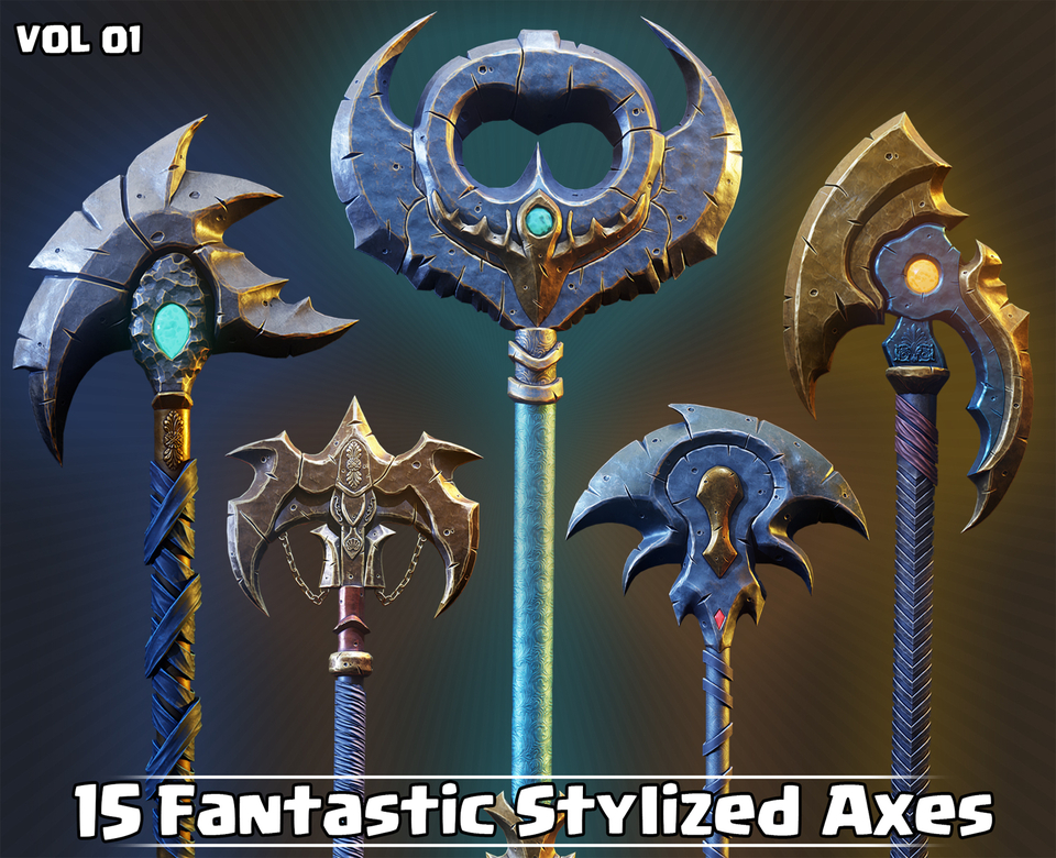 15 Fantastic Stylized Axes VOL01 Game Ready