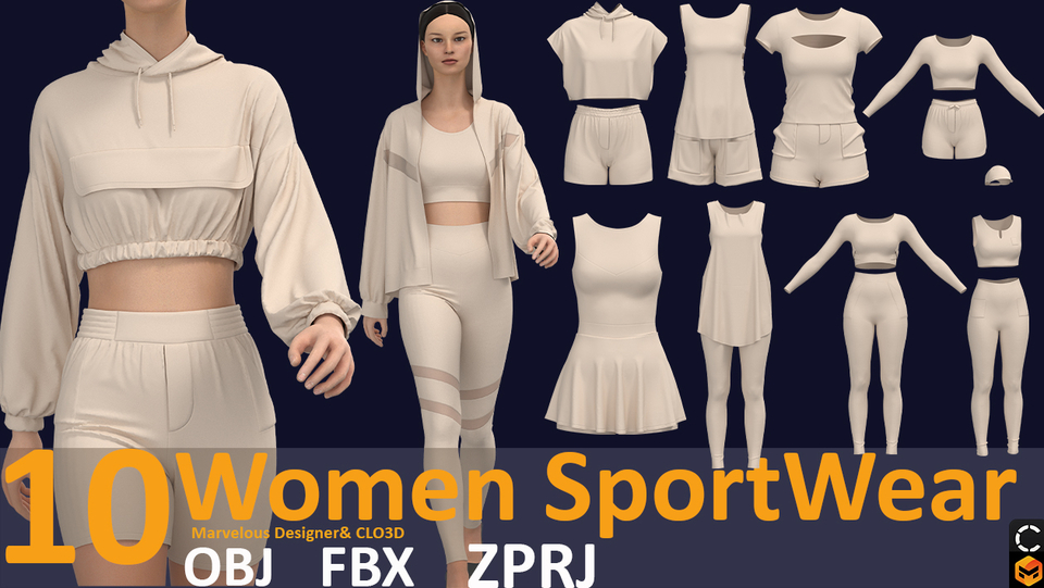 10 basic women sportwear 3D models Zprj, Fbx, OBJ