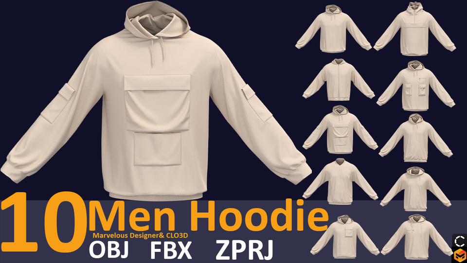 10 men hoodie 3d models (vol.01) Zprj, Fbx, OBJ