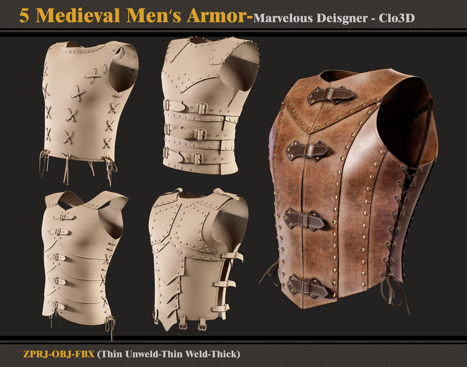 5 Medieval Men Armor -Marvelous Designer-obj-fbx