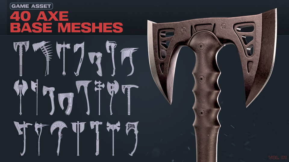 40 Axe Basemesh Models (Game Ready Assets)
