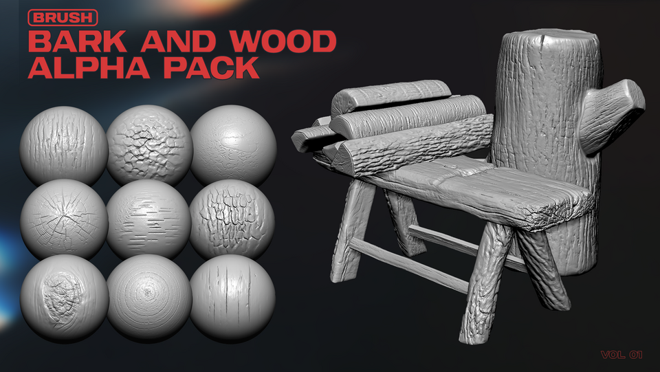 100 Bark & Wood ZBrush Alphas