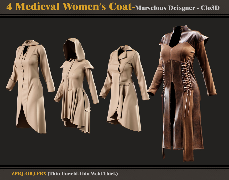 4 Medieval Women Coat-MD-Clo3D- FBX - OBJ