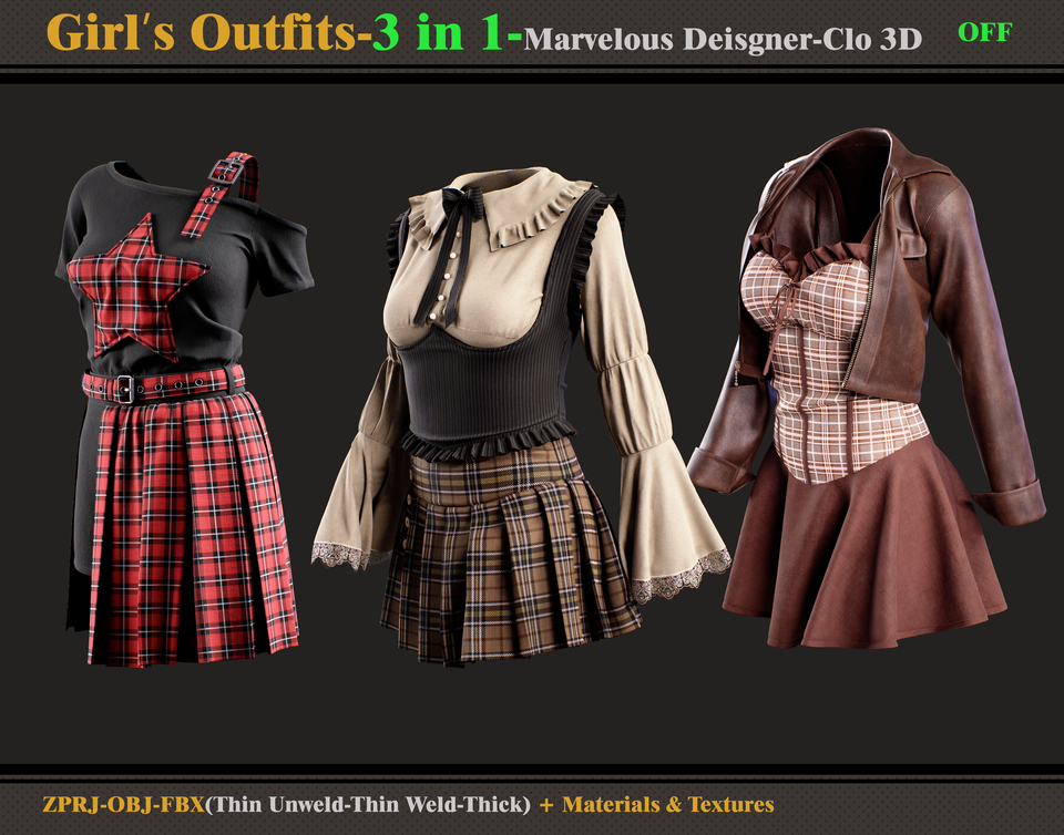 3 in 1 Girl's Outfits-Models+Materials