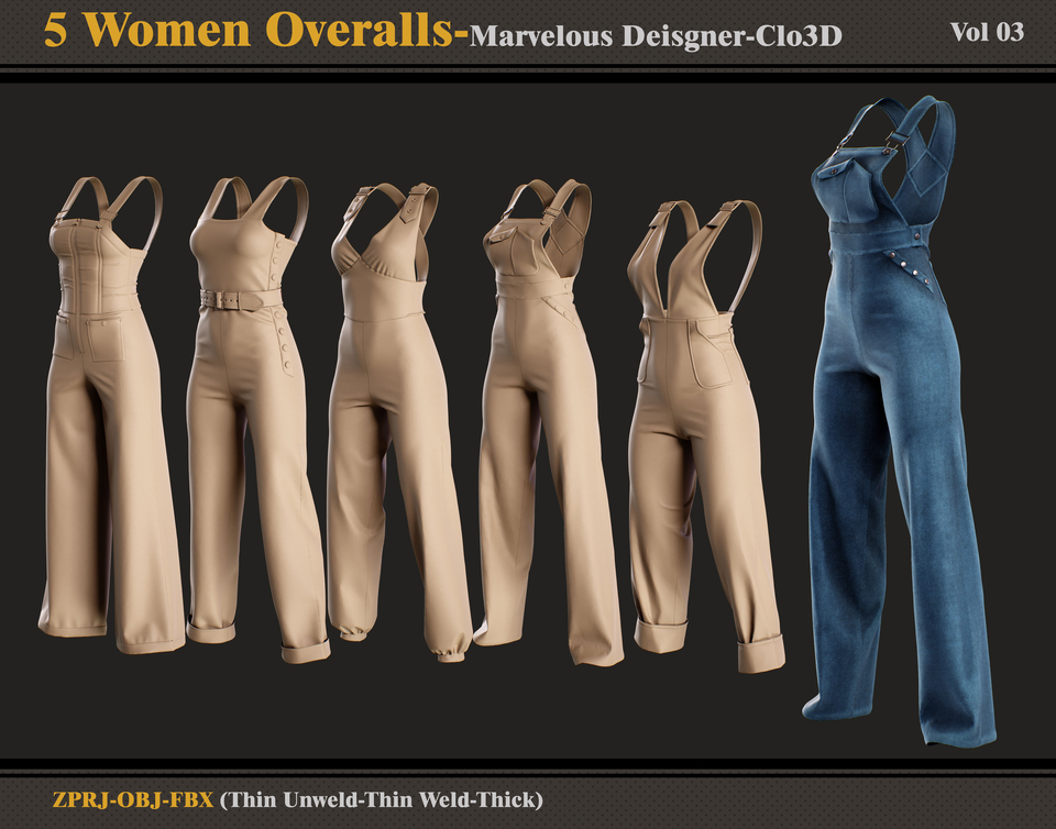 5 Women Overalls -Md-Clo3D - FBX - OBJ