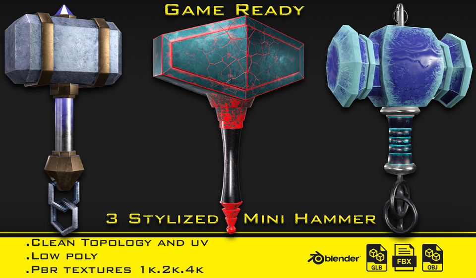 3 Stylized mini hammer - (Game ready)
