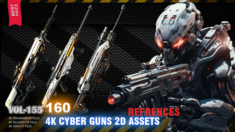 160 4K CYBER GUNS 2D ASSETS AND REFRENCES