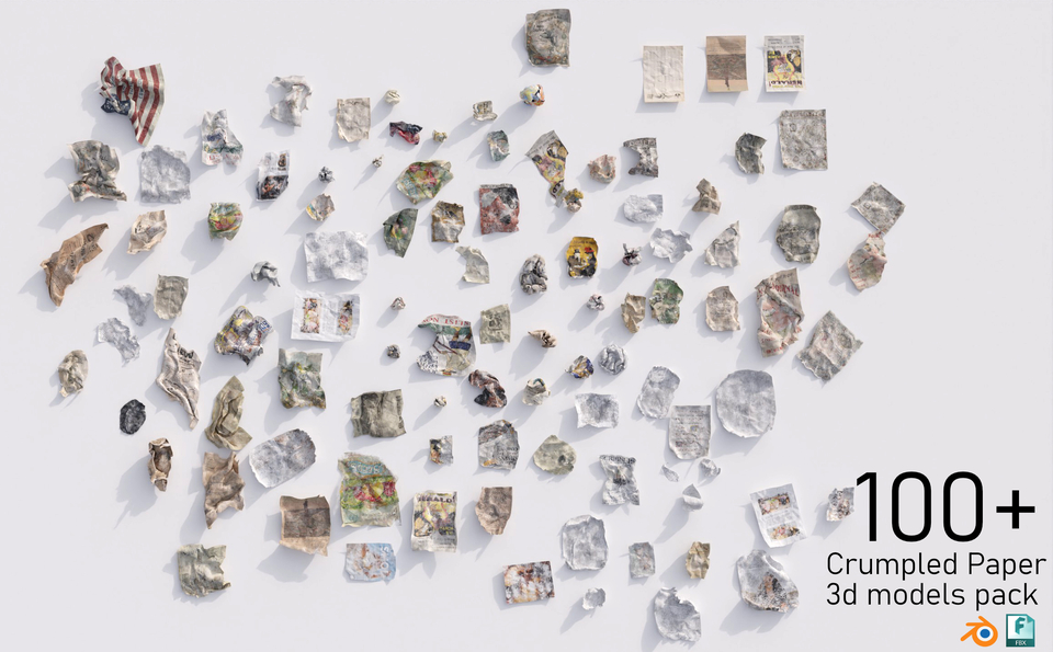 100+ crumpled paper 3d models pack