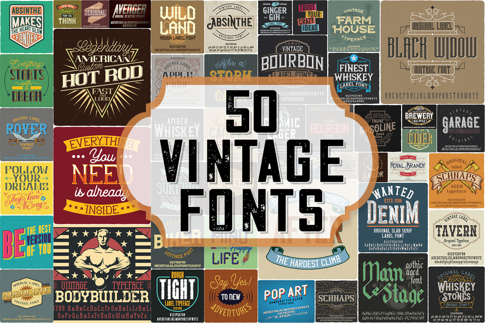 50 Vintage Fonts, Handmade Retro Typeface