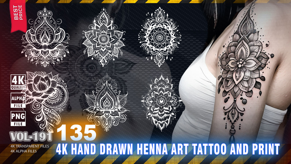 135 4K HAND DRAWN HENNA ART TATTOO AND PRINT